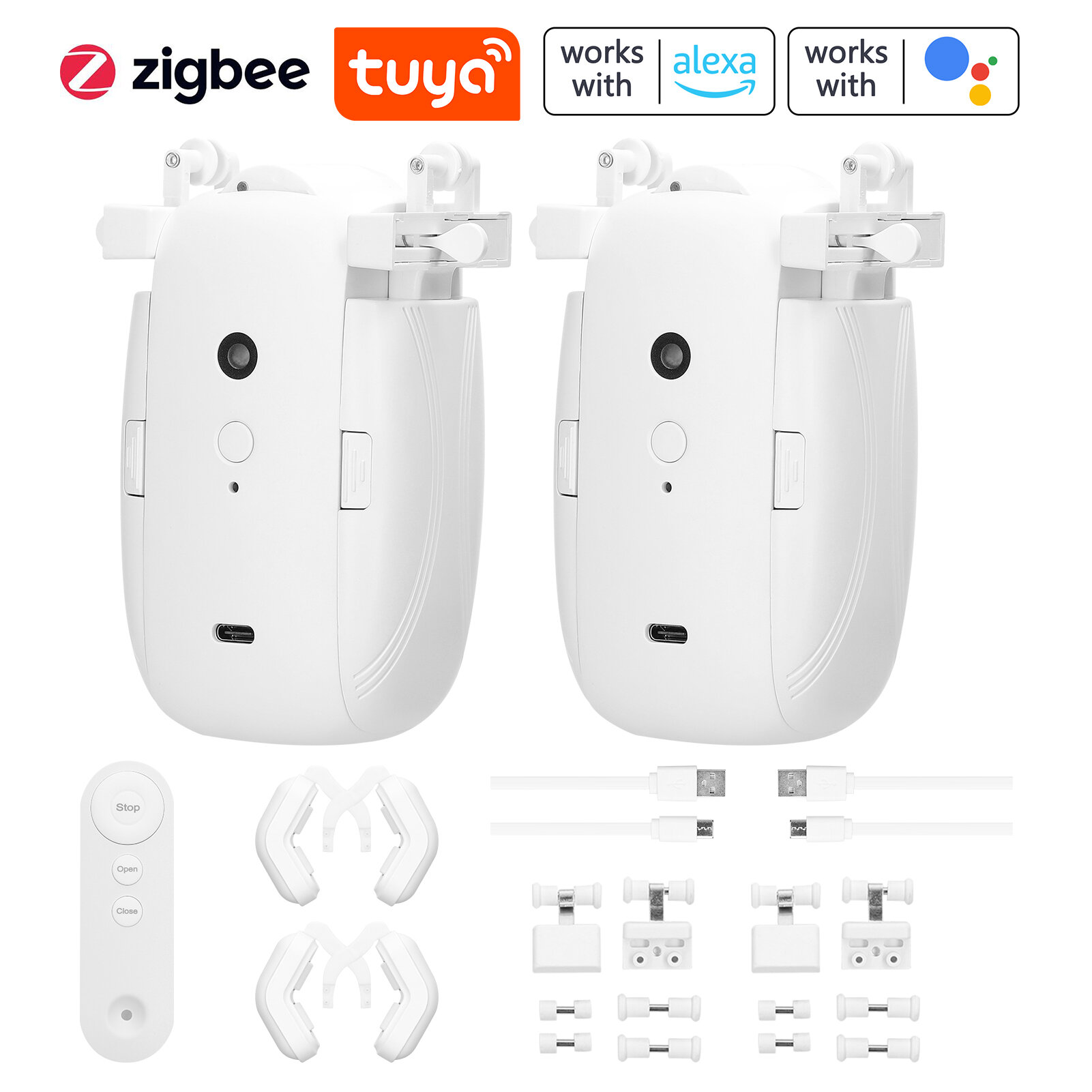 2PC Тuya ZigBee 3 в 1 Мотор для штор Электрический Робот Автоматический Открыватель Без проводки Поддержка Удаленного Управления через APP Настройка Таймера Датчик Температуры и Света Совместимый с Домом для I-Rail/U-Rail/Римской Стержень Белый 10-12KG