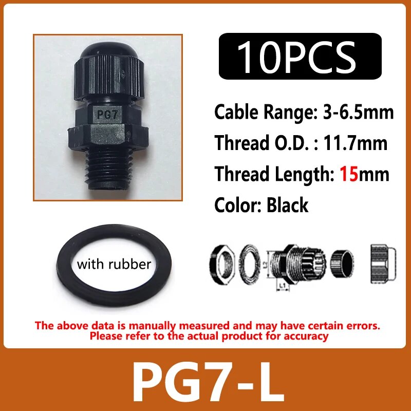 Водонепроницаемые кабельные вводы JIAF 10 шт. PG7-L-6.5 BK 10pcs