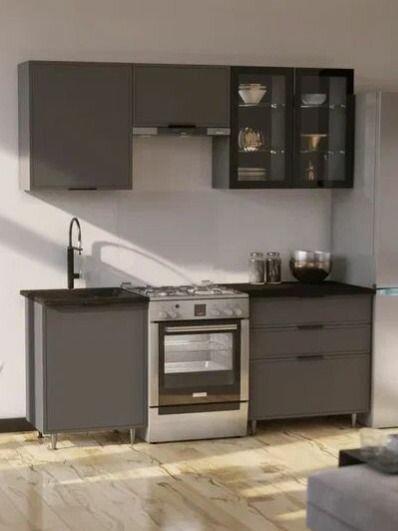 Кухонный гарнитур Николь 2м холст вулканический/корпус графит со столешницей миф