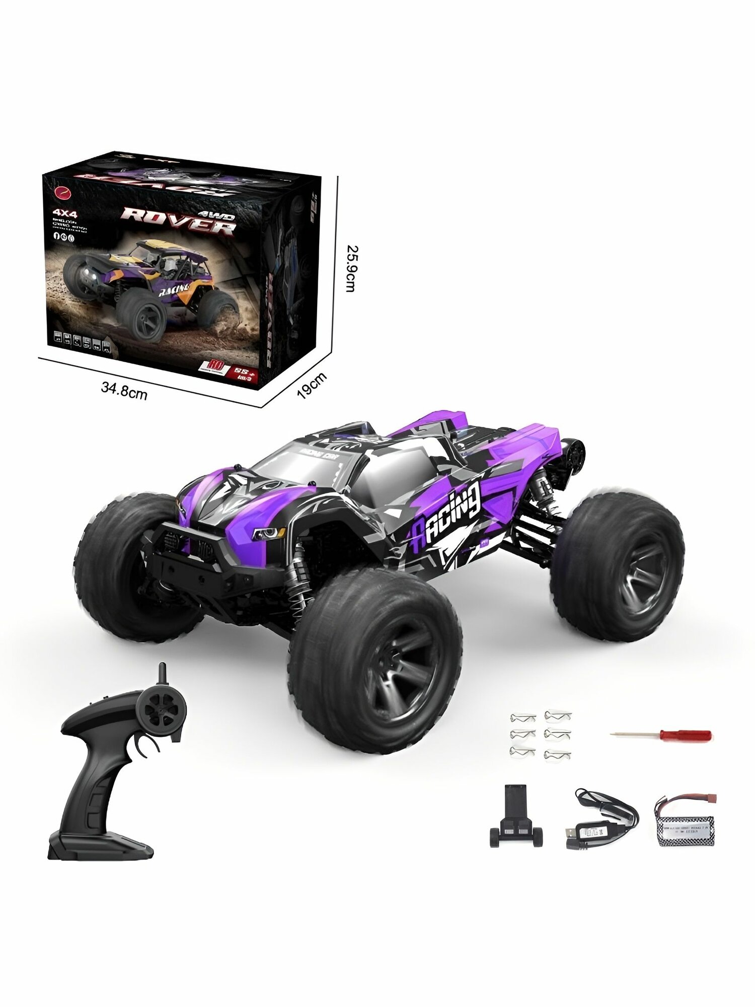 Радиоуправляемая машина 1:14, электрический внедорожник 4WD, монстр-трак, скорость до 55 км/ч, фиолетовый цвет