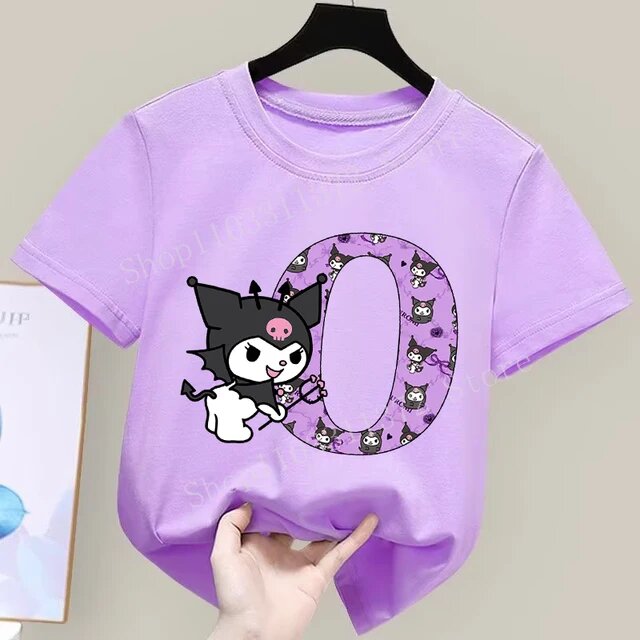 Детская футболка Sanrio Kuromi с милым мультяшным принтом в виде букв AZ и аниме, модная одежда для девочек, топы из хлопка с короткими рукавами для малышей, Размер:120