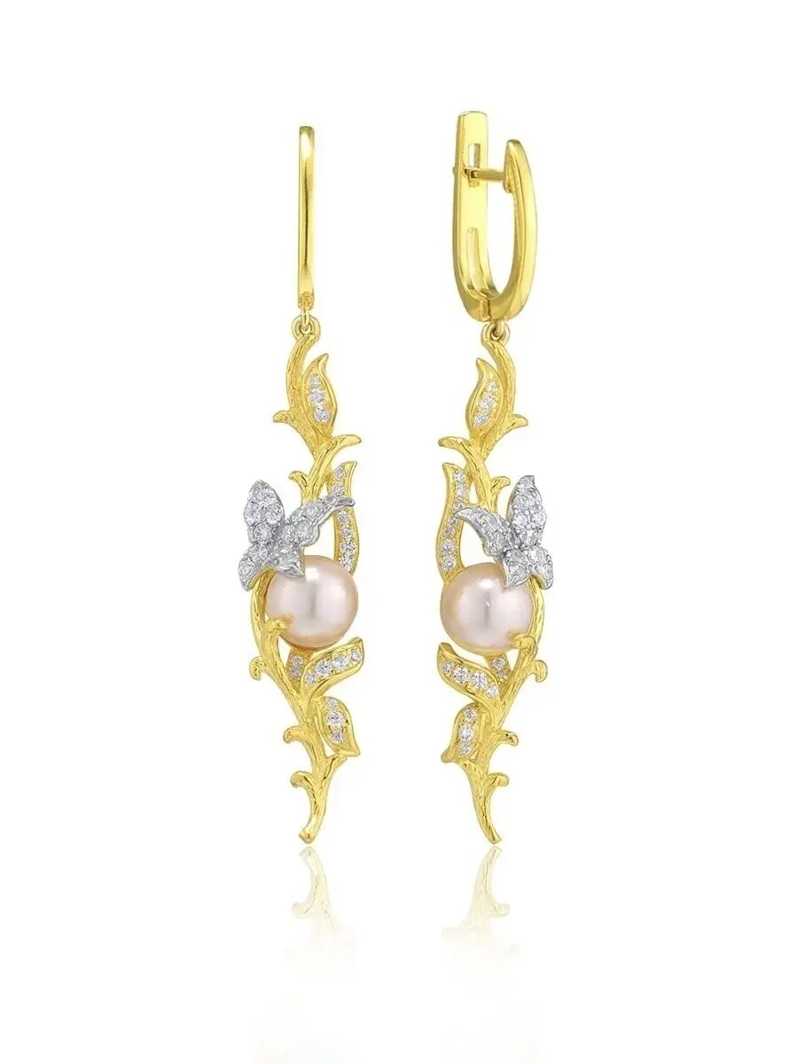 Серьги, серебро, 925 проба, жемчуг культивированный, фианит