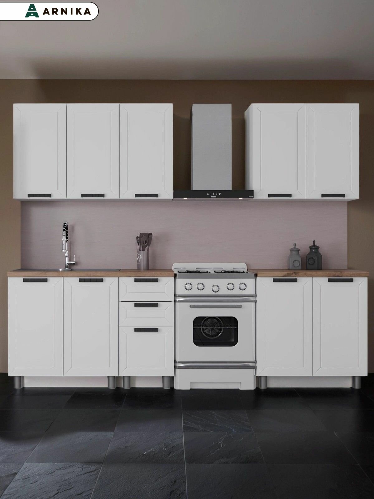 ARNIKA Кухонный гарнитур 2 м со столешницей Молочный/Молочный, скоба черный, сонома