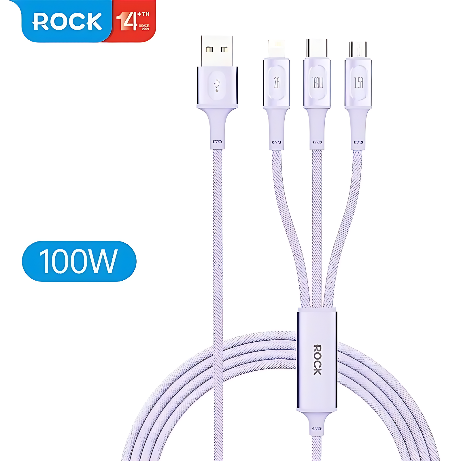 Кабель зарядный многофункциональный 3 в 1 ROCK Touch Series USB-A to Lightning Micro USB USB-C 100W 120 см. фиолетовый