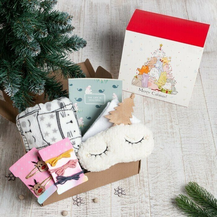 !09 Набор подарочный Merry Catmas, плед и аксессуары(Блокнот, Заколка, Игрушка, Маска для сна, Носки, Плед, Резинка)