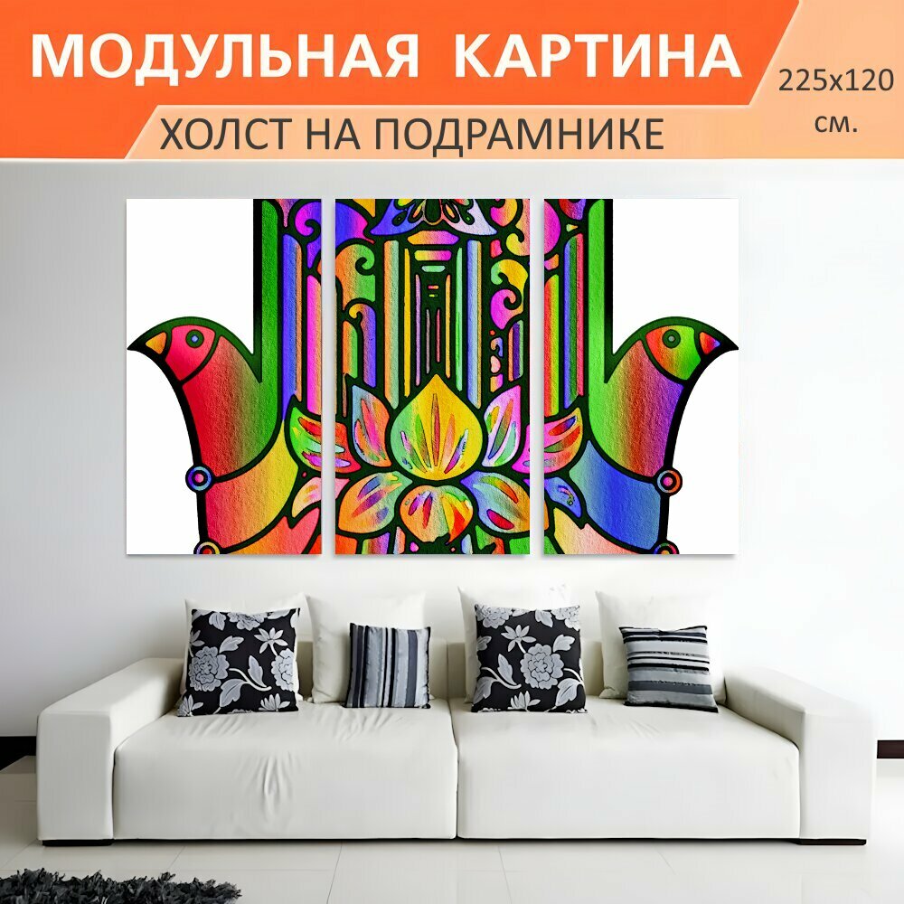Модульная картина на холсте "Акварельные хамса, рука фатимы, сглаз" триптих на подрамнике 225х120 см. для интерьера