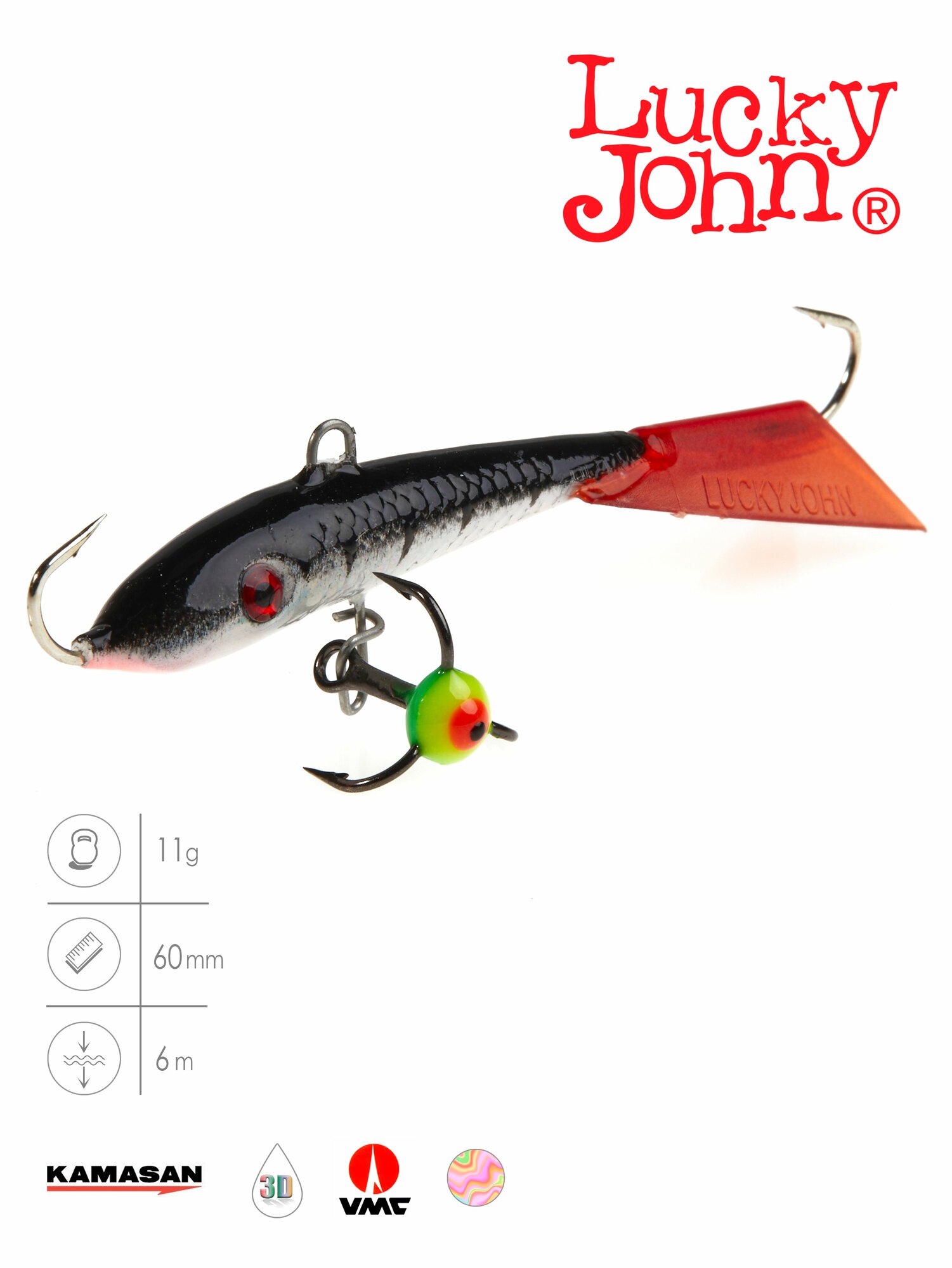 Балансир для зимней рыбалки Lucky John FIN 4 с тройником, длина 60мм, 11г, цвет 12HRT / Балансир Лаки Джон на окуня, судака, щуку