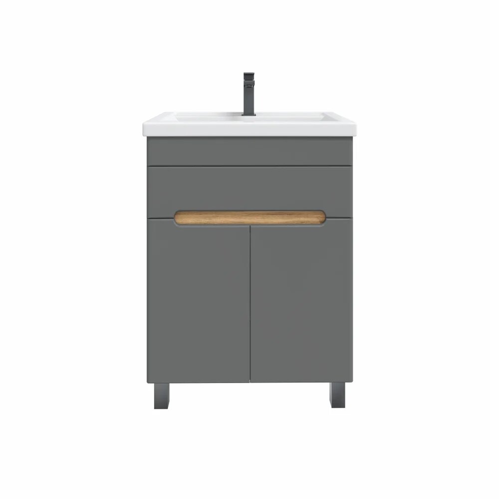 Тумба с раковиной SanStar Модена 50 напольная, 50 см, серая, светлое дерево, матовая, из МДФ, с ящиками, с дверками, раковина для ванной, фарфоровая, прямоугольная, встроенный слив-перелив