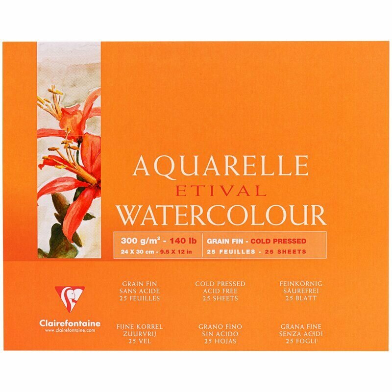 Бумага для акварели 25л. 240*300мм Clairefontaine Etival, 300г/м2, холод. пресс, склейка по сторонам, 96471C/304069