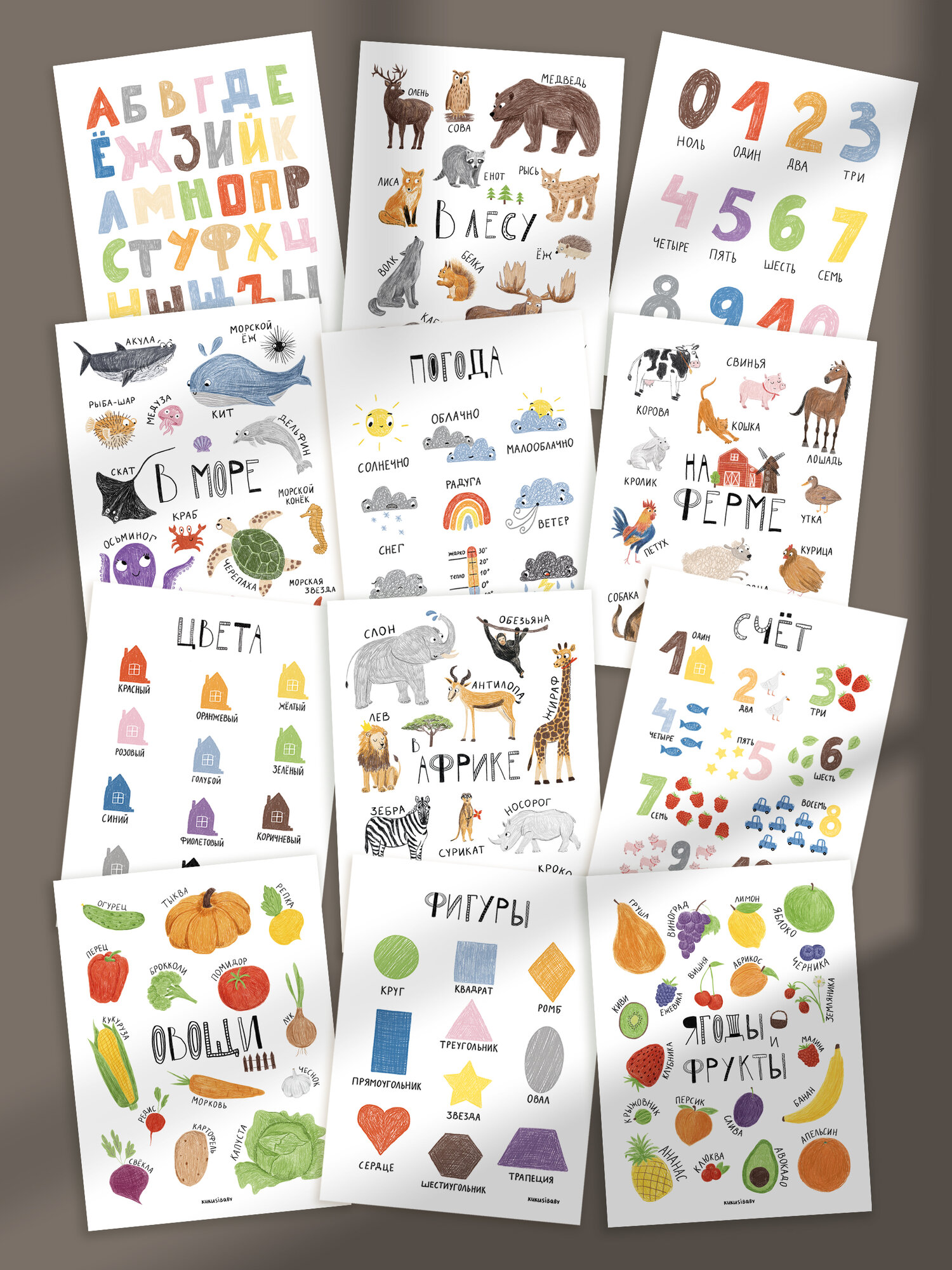 Развивающие детские постеры. Комплект 12 шт, 30х40 см, без рамок. Обучающие плакаты.