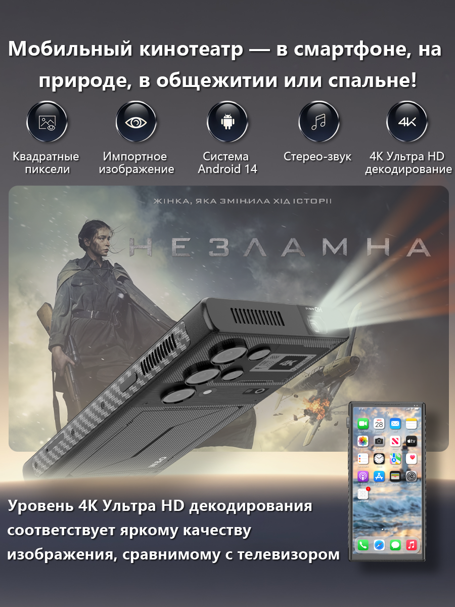 Проектор-телефон W&O Outdoor W&O1, 6,75", 2 SIM, экран Full HD, аккумулятор 12 000 мА·ч, камера 108 Мп