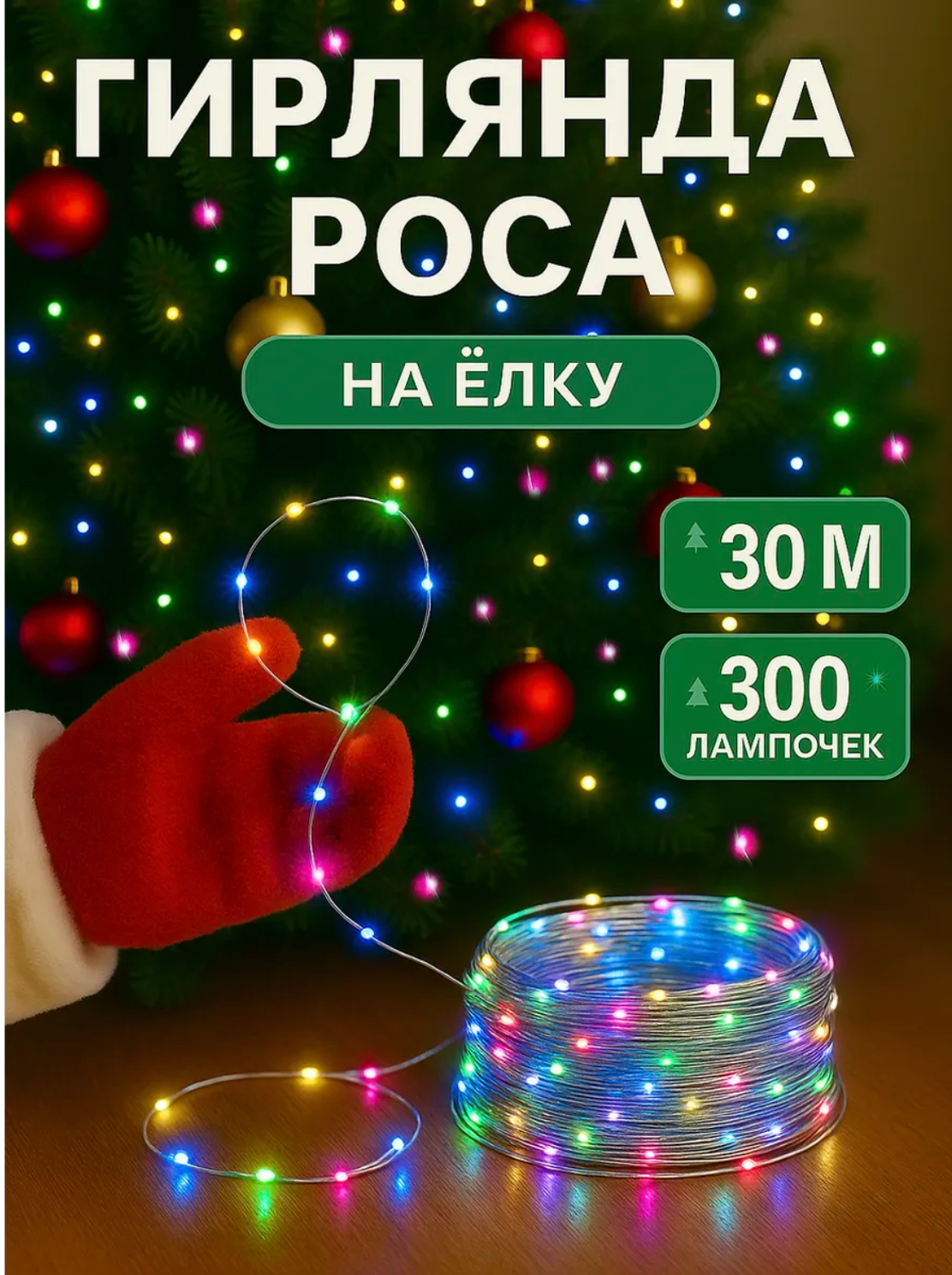 Светодиодная гирлянда-роса, 30 м, новогодняя гирлянда, разноцветный свет