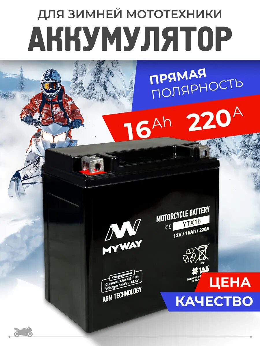 Акб на мотоцикл 12в 16ач, трицикл, квадроцикл, питбайк AGM