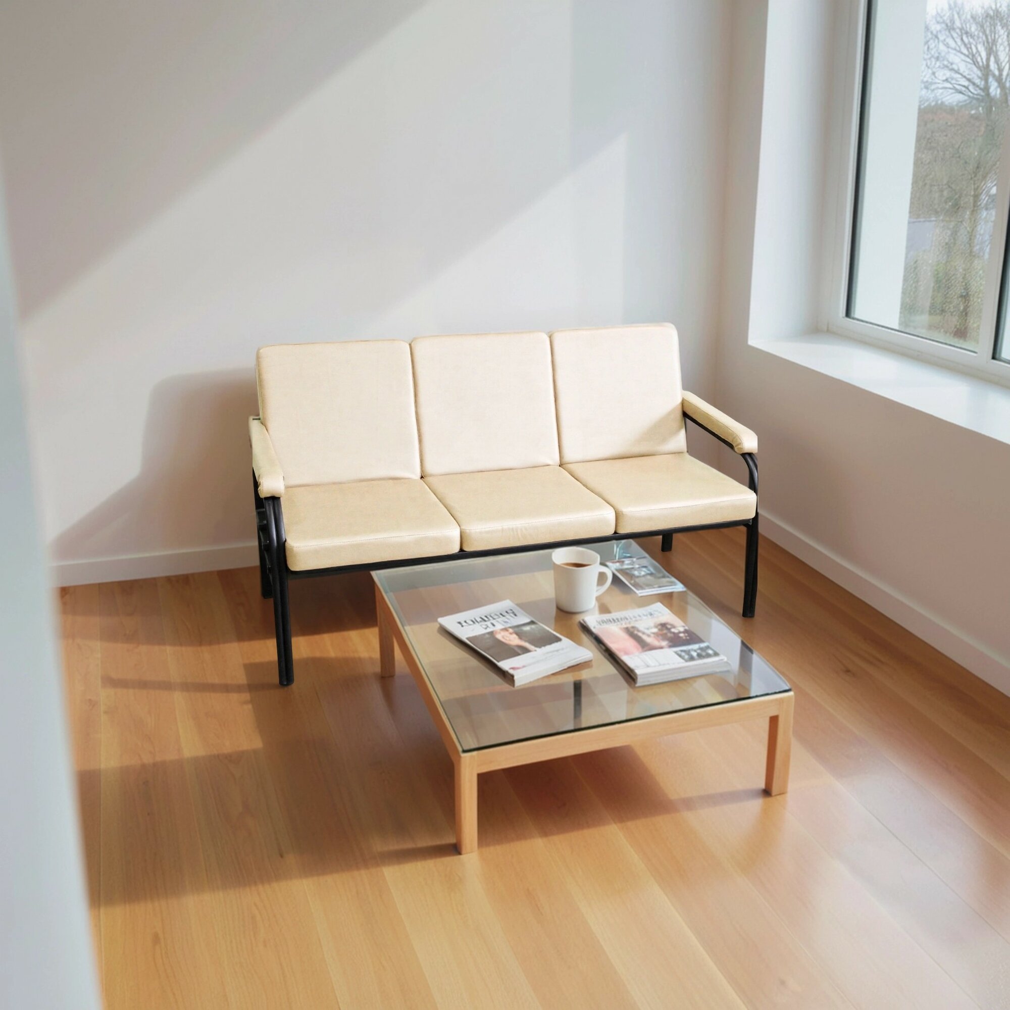 Диван офисный "Сириус Космо", 3х-местный, экокожа бежевая, разборный стальной каркас, на дачу, на кухню, в прихожую.