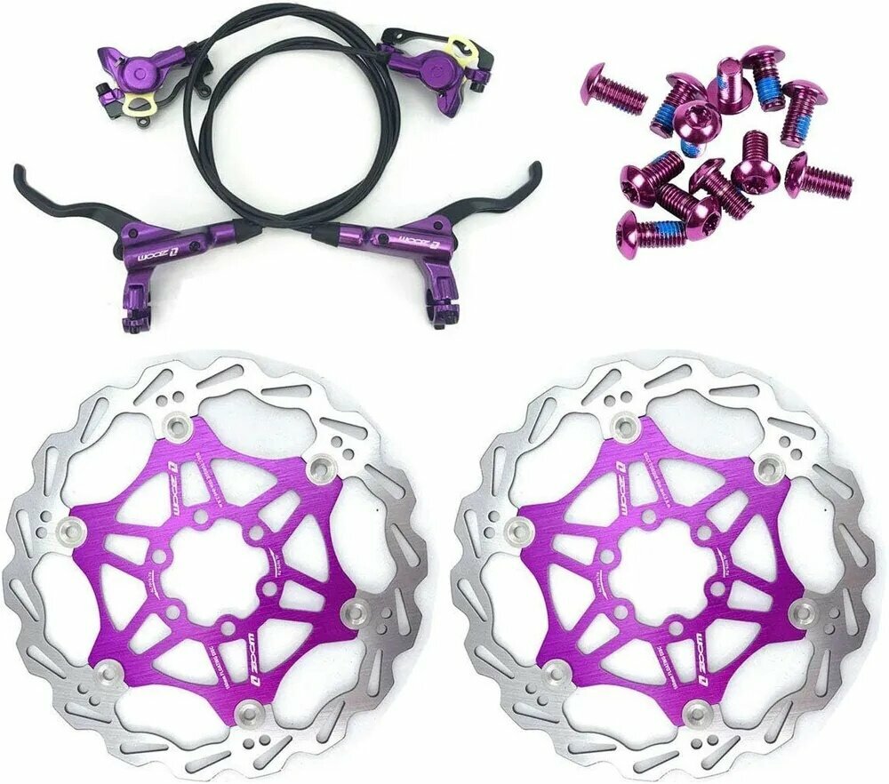 Гидравлические дисковые тормоза, настройки для горных велосипедов, передние и задние настройки для MTB, роторы с плавающими дисками диаметром 160 мм и цветные болты (фиолетовый)