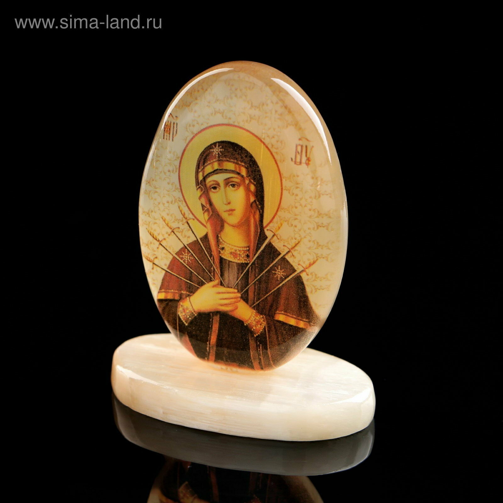 Икона "Семистрельная", настольная на подставке, селенит, святые: богородица семистрельная