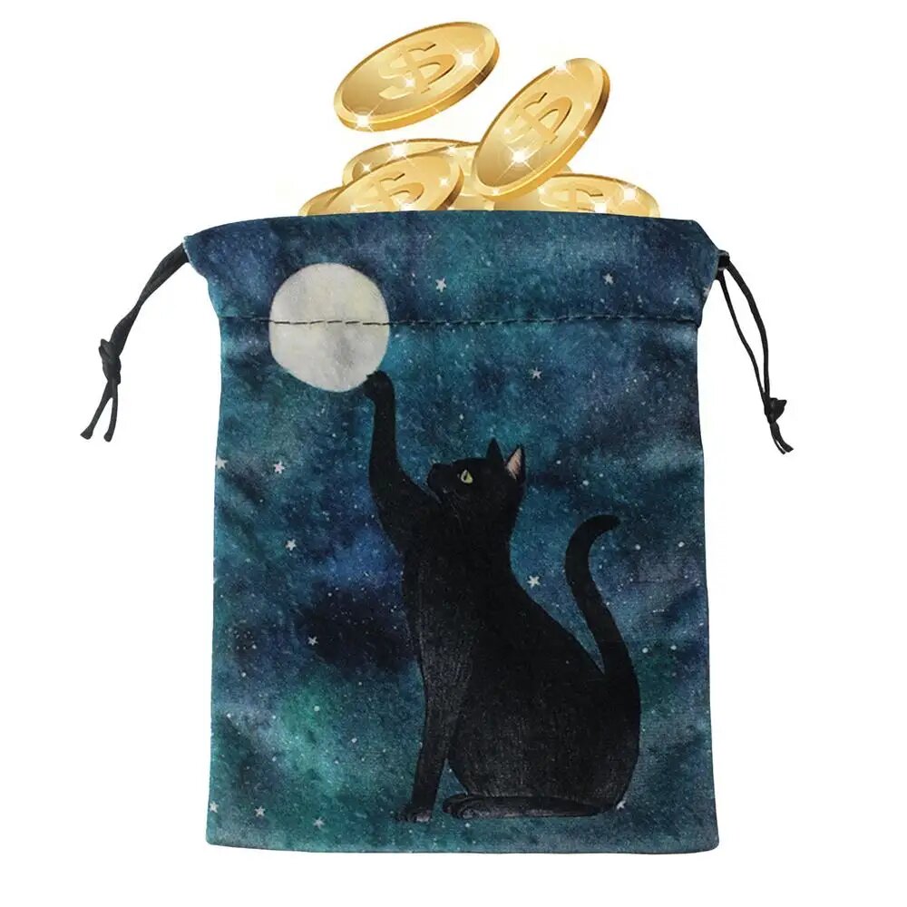 Бархатная сумка для хранения карт Таро. Таинственные бархатные мешочки с завязками с принтом черного кота. Чехол для карт Таро. Органайзер.