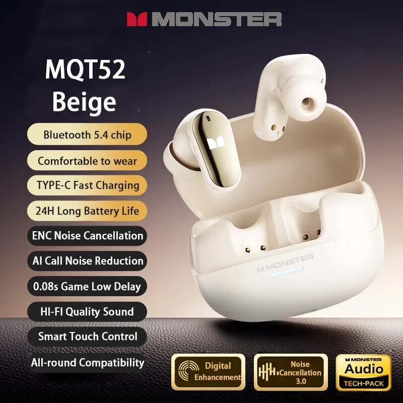 Беспроводные наушники Monster MQT52 TWS Bluetooth 5.4 Бежевый, Beige