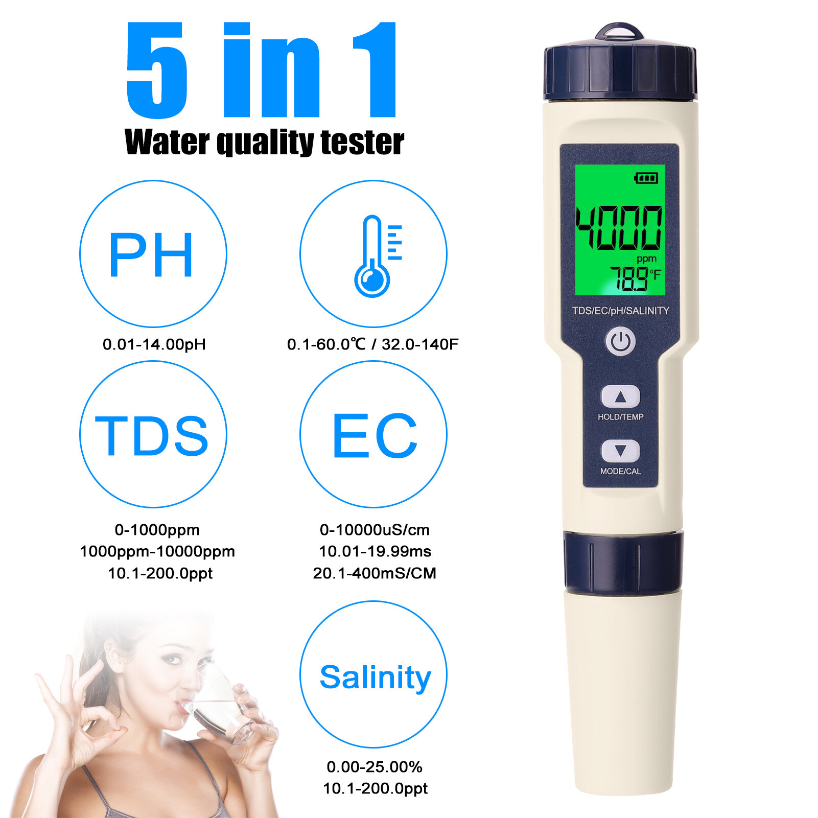 5 in 1 Professional Multi-parameter Combo Testing Meter PH/EC/TDS/Salinity/Thermometer Digital Multi-Function Tester Water Quality — фото 1