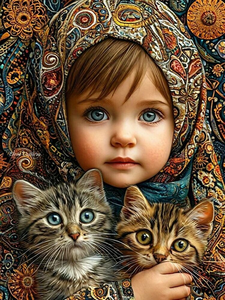 Алмазная картина "девочка и кошка" алмазная огранка 40х50 см,40X50CM, белый