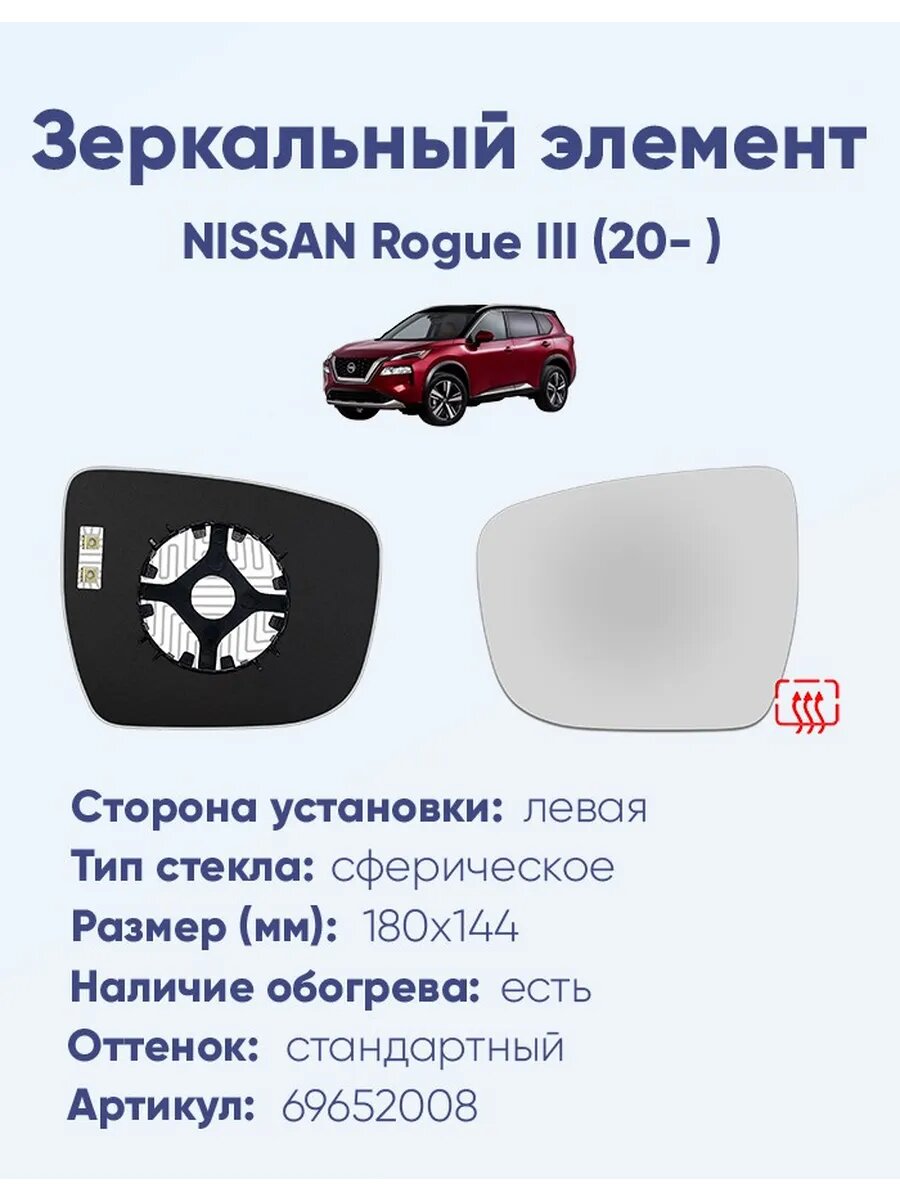 Зеркальный элемент левый NISSAN Rogue III (20- ) сфера нейтральный с обогревом