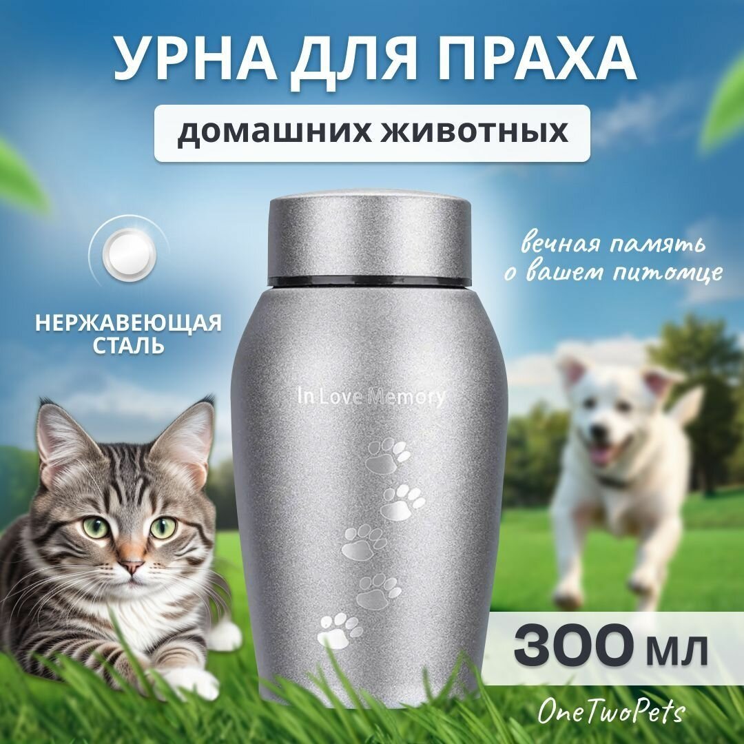 Урна для праха домашних животных, кошки и собаки, цвет серебристый / Высота 14 см