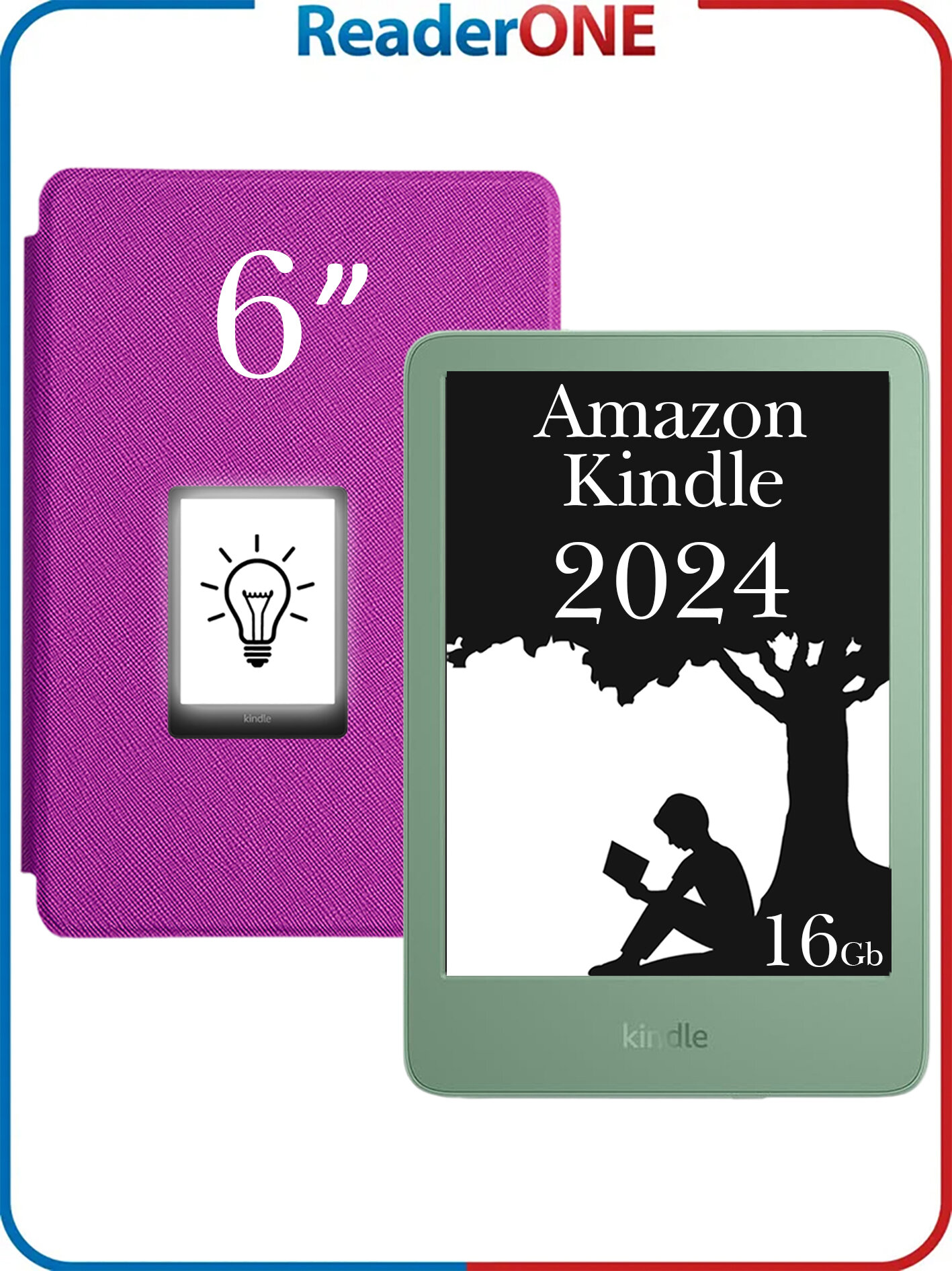 Электронная книга Amazon Kindle 11, 6 дюймов, 2024, 16 Гб, SO, зеленая (Matcha) с обложкой ReaderONE Purple