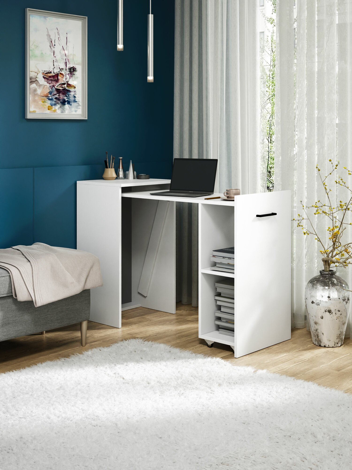 Складной стол Profimebel Турин-3, белый, ЛДСП, 2 полки, ножки на колесиках, универсальный угол