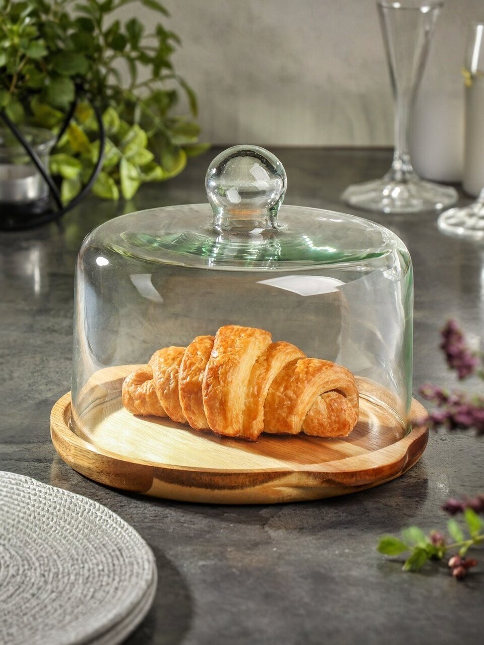 Тортница дерево, стекло, 2 предмета, 15.5х20 см, круглая, с крышкой, 23х20х15.5 см, Y4-6568