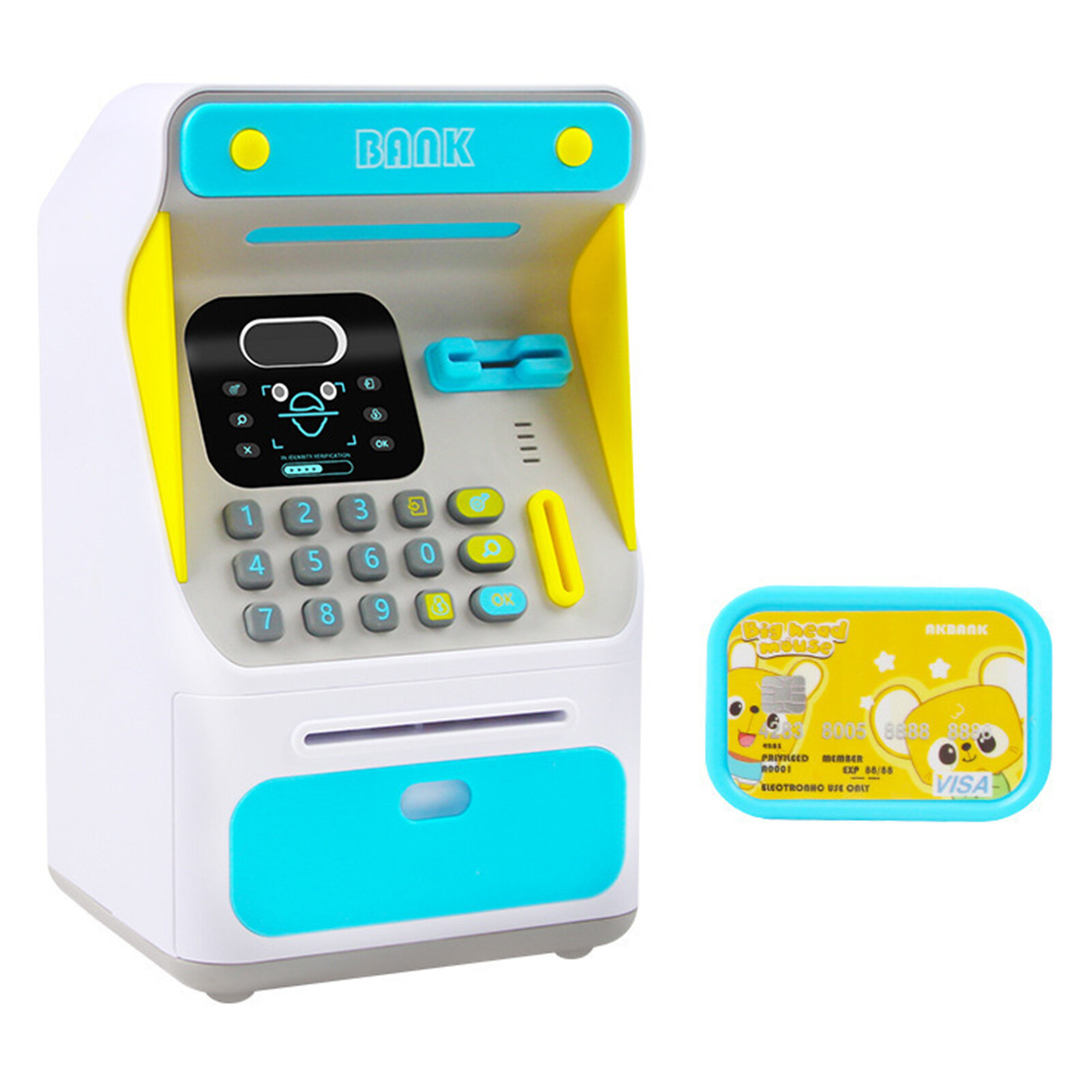 Банкомат для сбережений с распознаванием лиц Piggy Bank с автоматическим приёмом денег и имитационной банковской картой, пластиковый Educational для детей, ATM Machine: Розовый, Синий; Saving Car: Чёрный, Серебристый (опционально), размер ATM Machine: