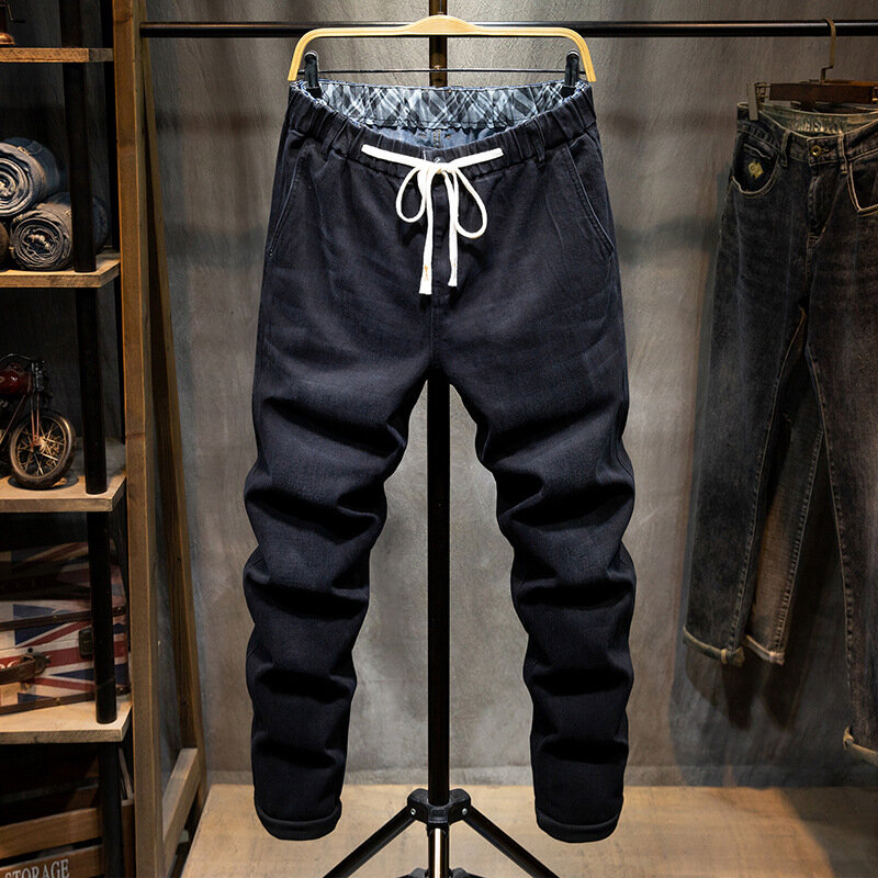 Чистый цвет Муж. эластич. прямой нога джинсы муж. плус толст. плус размер повседн. джинсы слит. посадка мод. делов. джинсы муж. черный/3XL