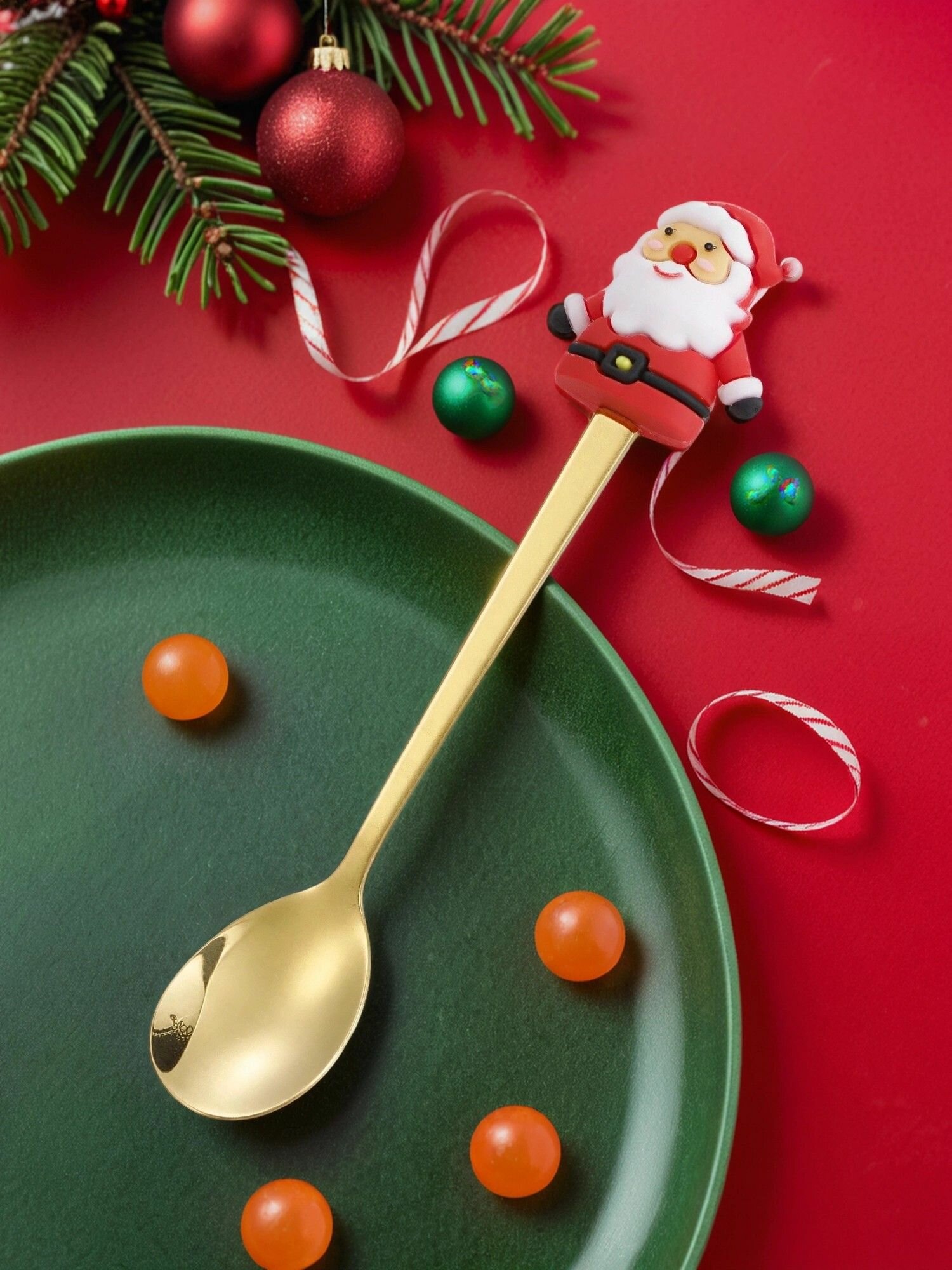Ложка десертная Новогодняя, золотистая, 15 см (Санта)