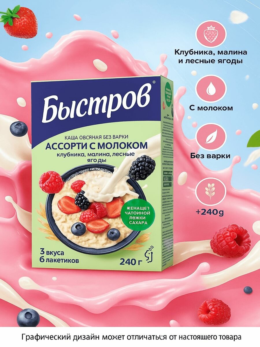 Каша овсяная быстров Ассорти с клубникой, малиной и лесными ягодами, с молоком, 240г