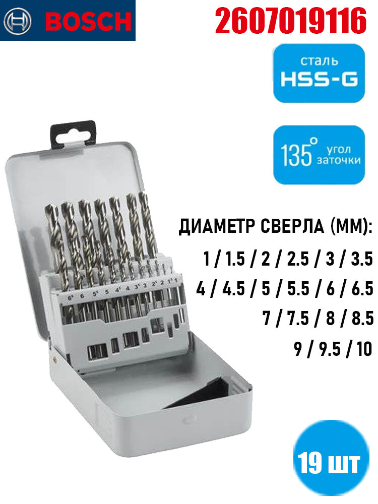 Сверло по металлу HSS-G Bosch 19 шт 1-10 мм (2607019116)