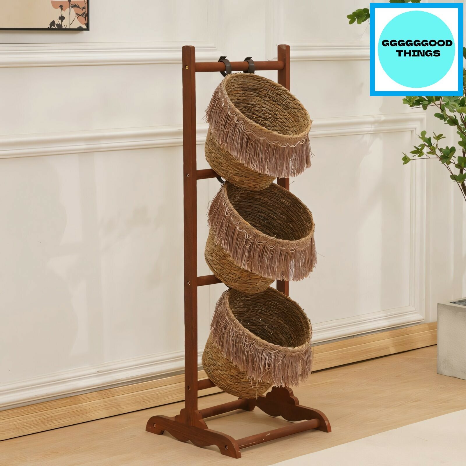 Деревянная этажерка с тремя корзинами из ротанга, цвет коричневый, 35*35*102 см