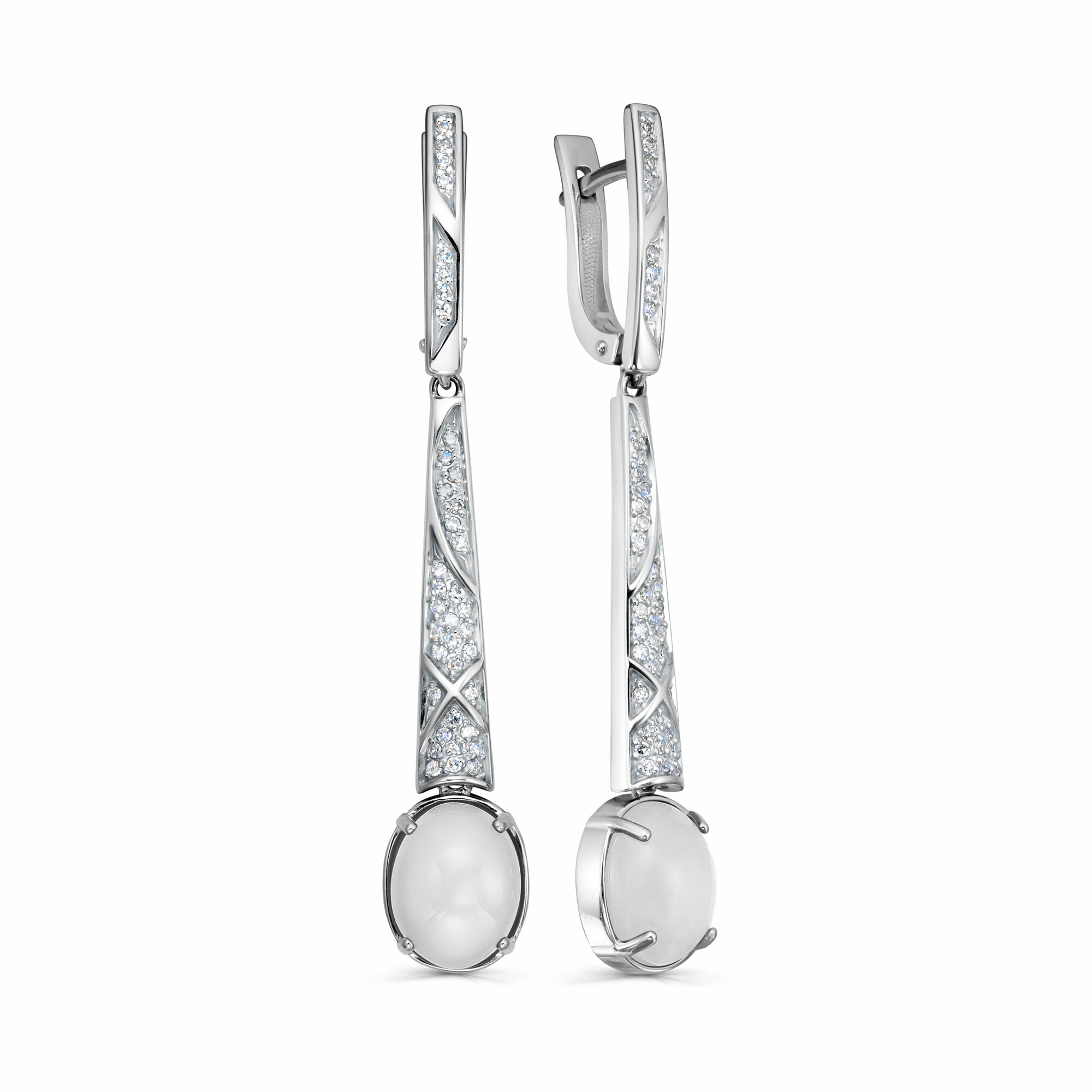 Серьги, белое золото, 585 проба, бриллиант, лунный камень