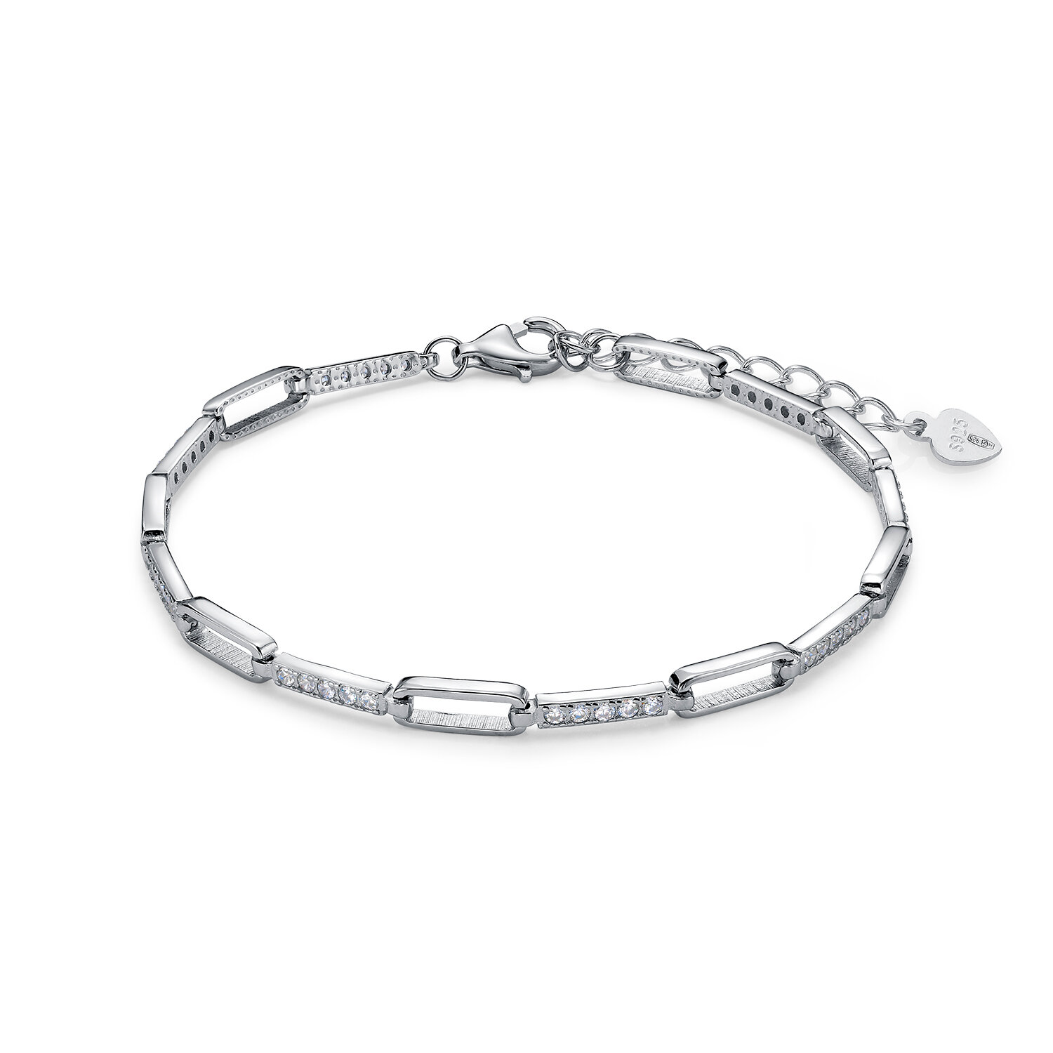 Браслет-цепочка, серебро, 925 проба, родирование, фианит