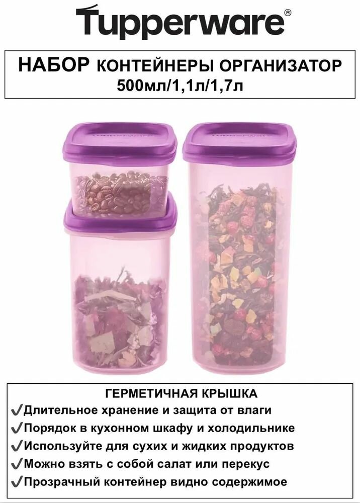 Набор Контейнеров "Компактус Организатор" 3 шт (500мл, 1,1 л, 1.7л ) сиреневые Tupperware