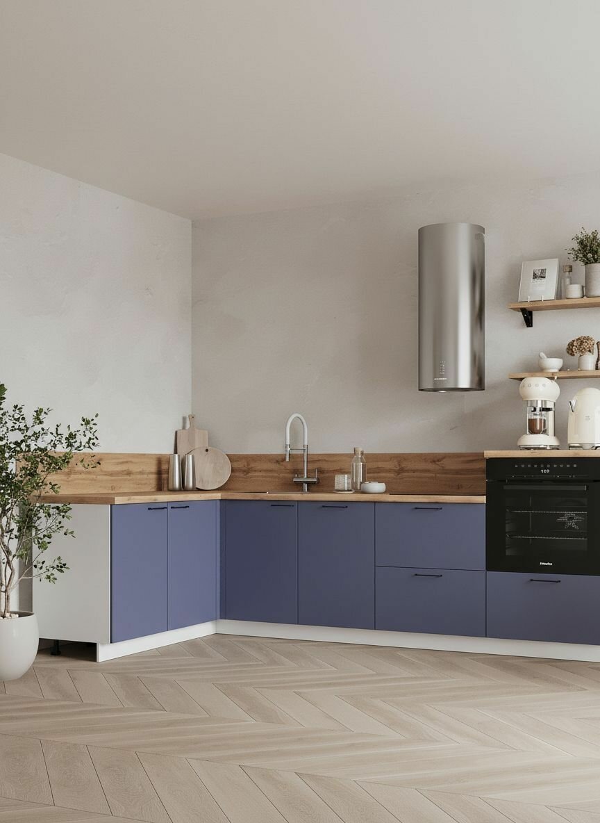 ARNIKA Кухонный гарнитур со столешницей "Дакия" угловой 1,5мх2,7м (с пм) , цвет ежевика (синий), фасад пленка ПВХ