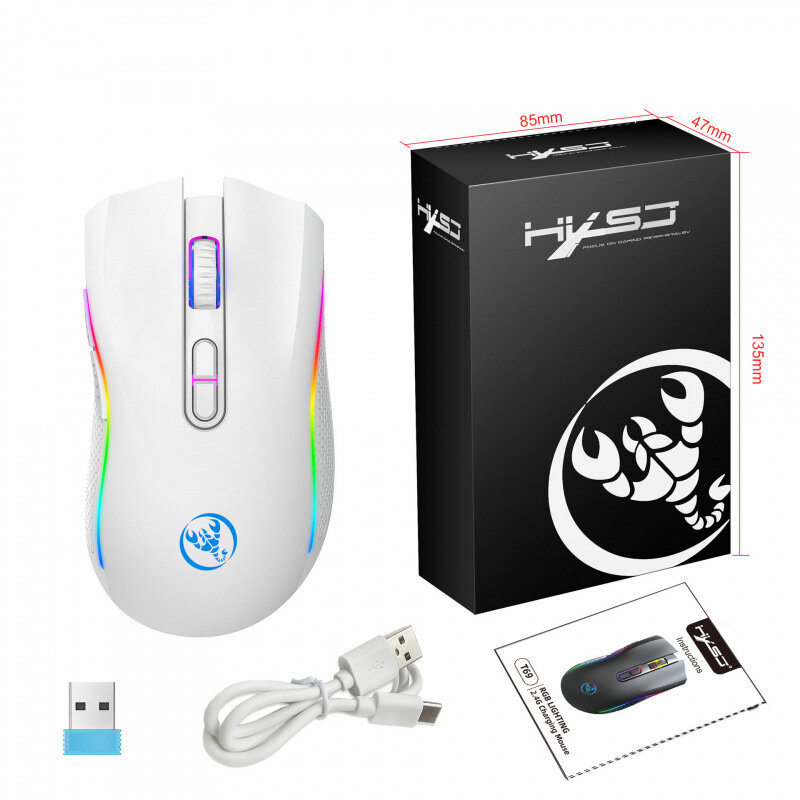 2.4G беспроводная игровая мышь с RGB-подсветкой, зарядкой через Type-C, 7 кнопками, 4800 DPI, белая