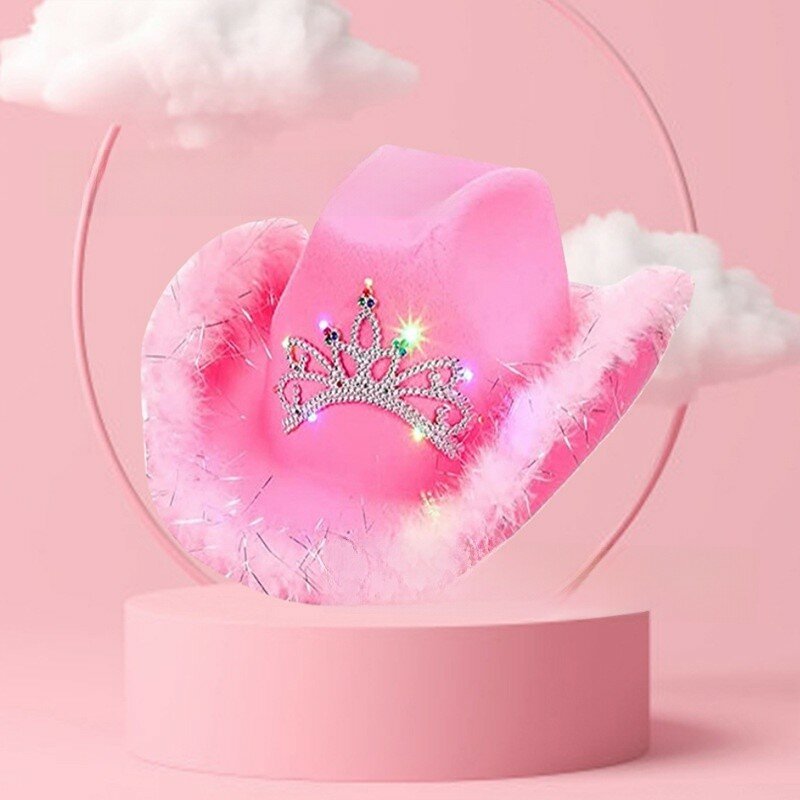 Кастомская шляпа ковбойская из розового хлопка с жемчужной окантовкой и звездным декором для косплея и праздничных мероприятий