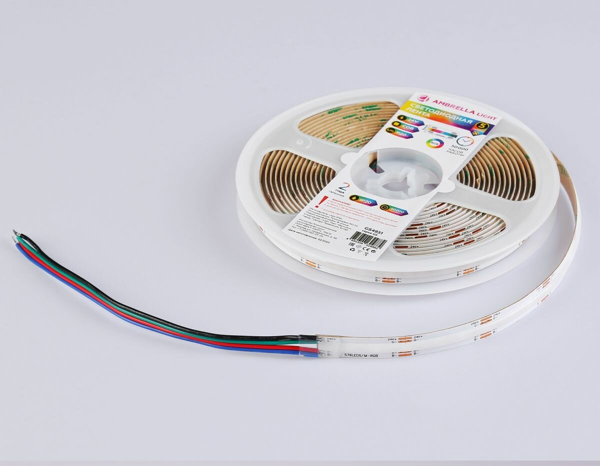 Светодиодная лента Ambrella Light Illumination COB 576Led/ 14W m/ 24V IP20 RGB/ 5m*10mm*3mm (4 конт.) GS4951