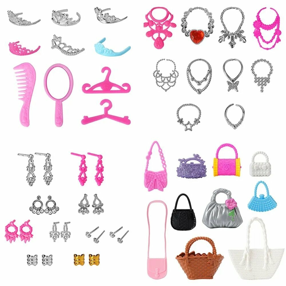40 Предметов Кукольных аксессуаров для куклы Барби: Обувь, Сумочки, Ожерелье