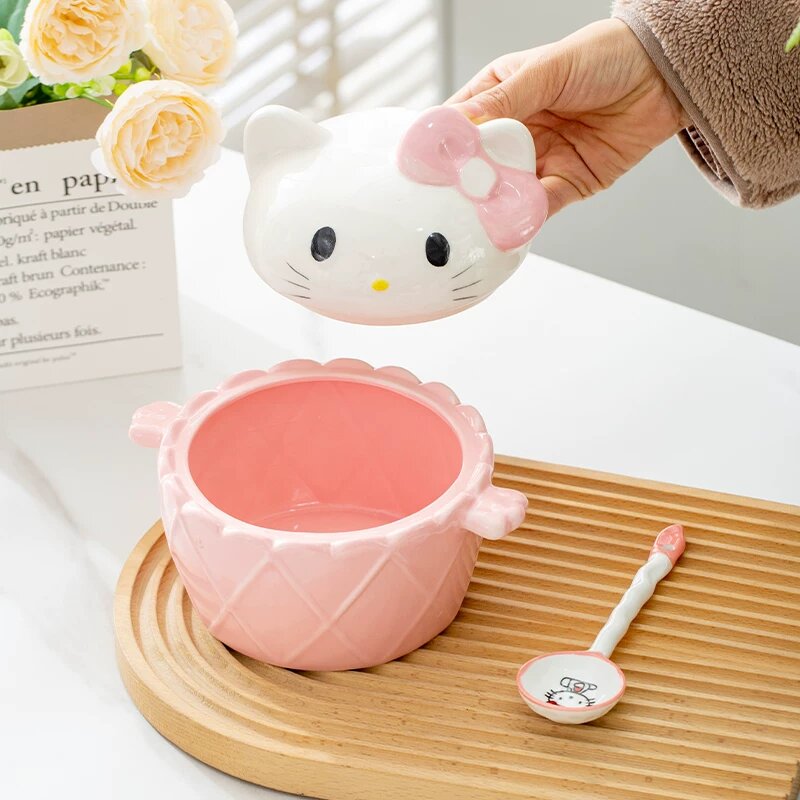 Керамическая миска Hello Kitty с ложкой, диаметр 17.8 см, вместимость 240 мл, идеальна для лапши