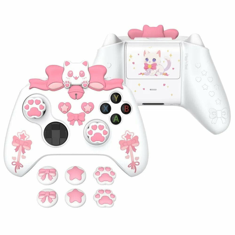 PlayVital Силиконовый Чехол для Геймпада Xbox Series X/S, Sweetheart Kitty, Противоскользящий, с 6 Колпачками и Наклейками, Белый