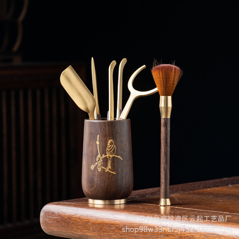 Горячая продажа SG: Эбеновое чайное церемониальное кресло для шести джентльменов, круглая чайная клипса из чистого меди, чайная ложка, чайник, щетка, аксессуары для чайной церемонии, набор для кунг-фу чая, держатель для щетки, хранение