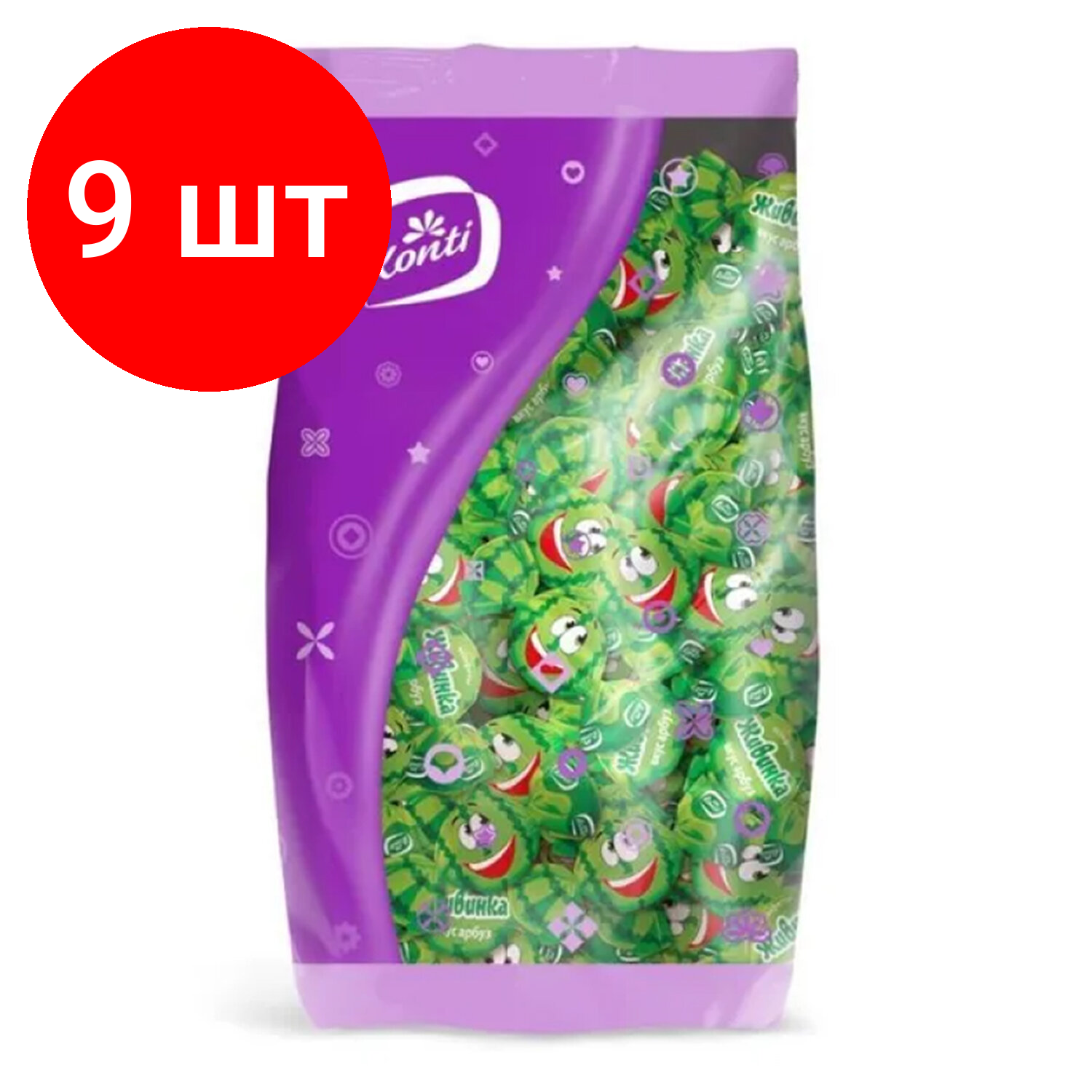 Комплект 9 шт, Конфеты желейные живинка со вкусом арбуза, 1000 г, пакет, 9287