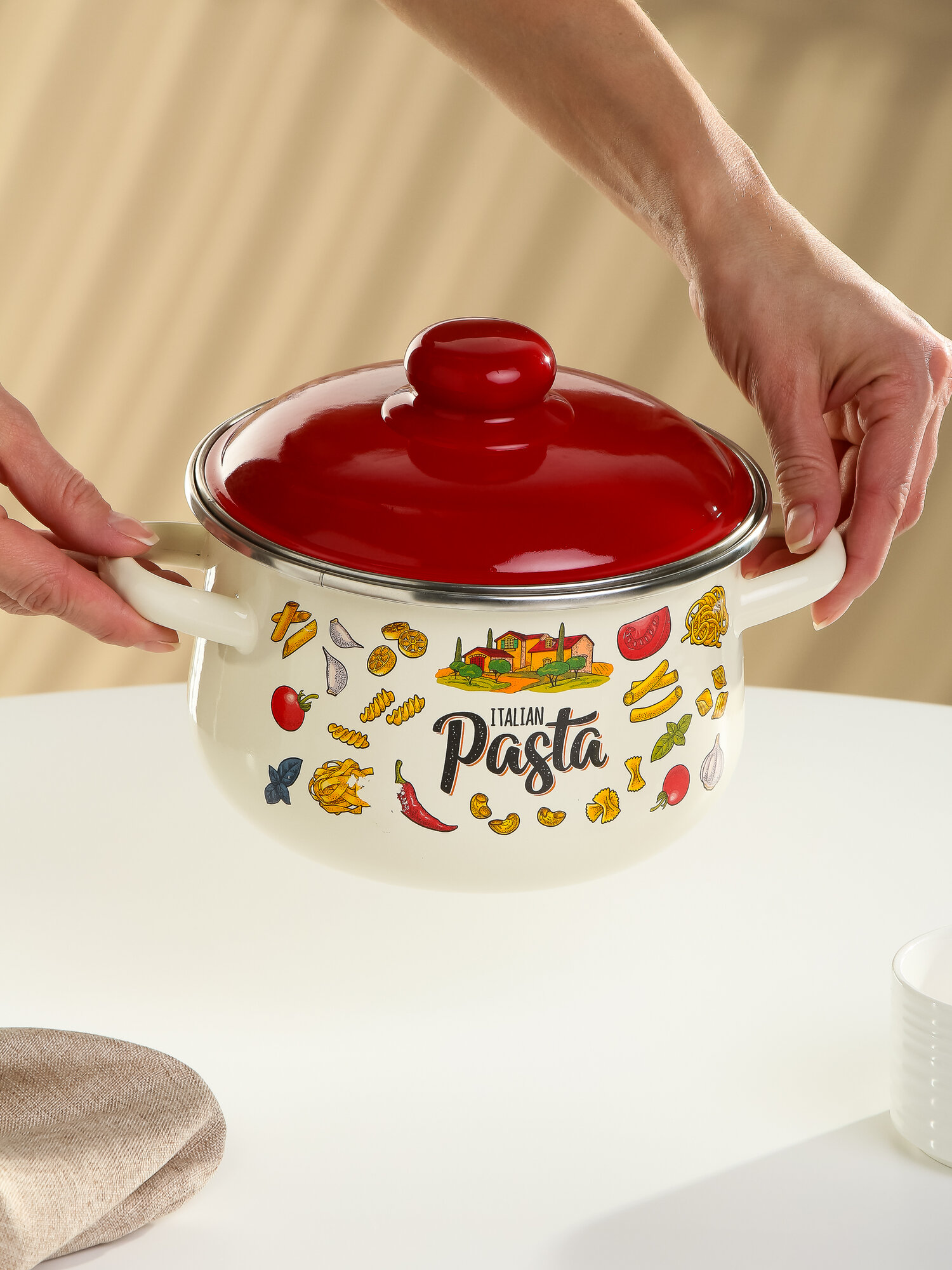 Кастрюля эмалированная Appetite Pasta Italian 2 л, стальная крышка, коническая, для индукционных и газовых плит, 1с45я