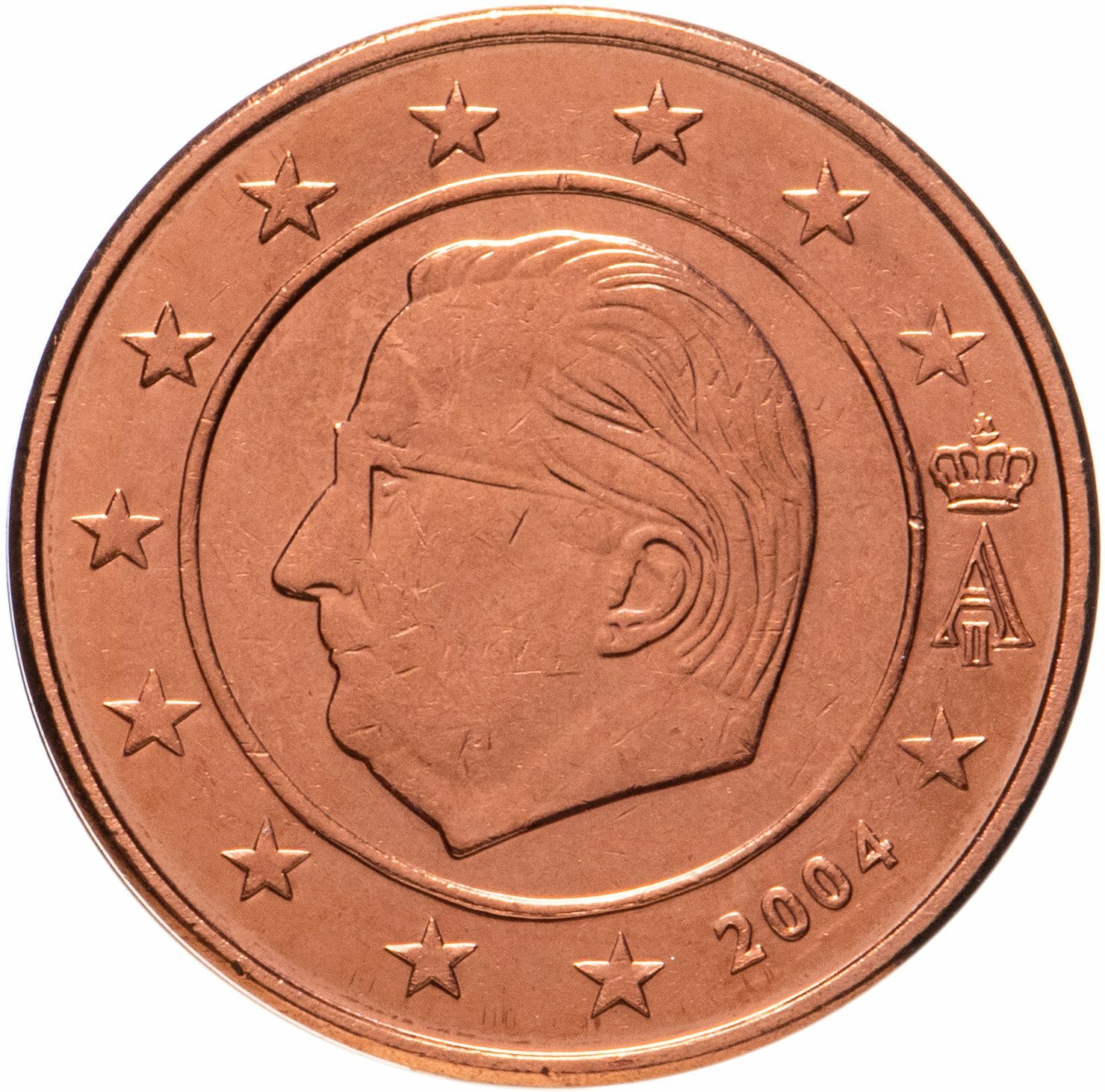 Бельгия 2 евроцента cents 2004 король Альберт II тип 1, Сталь, в сохранности UNC