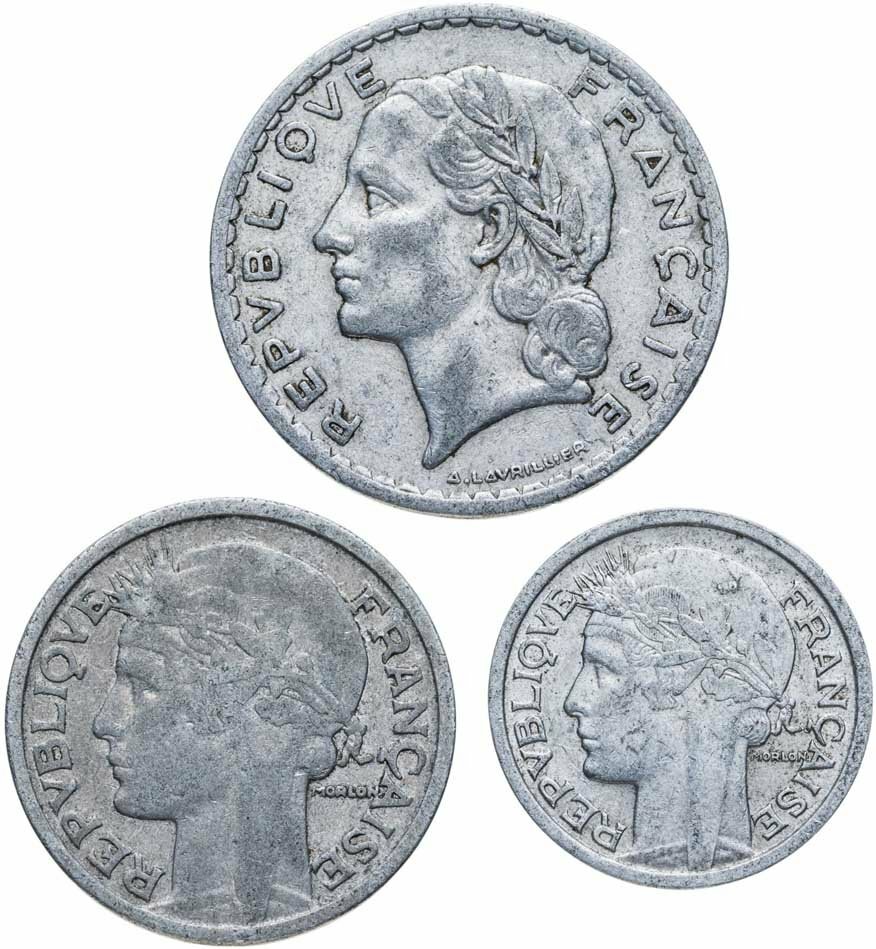 Франция 5 2 1 франк 1943-1949 набор из 3-х монет, Алюминий, в сохранности VF-XF